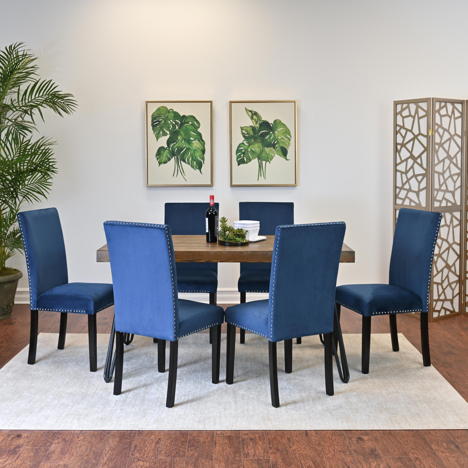 7 Piece Dining Set Hairpin Dining Table with 6 Chairs Lark Manor Chair Color Blue